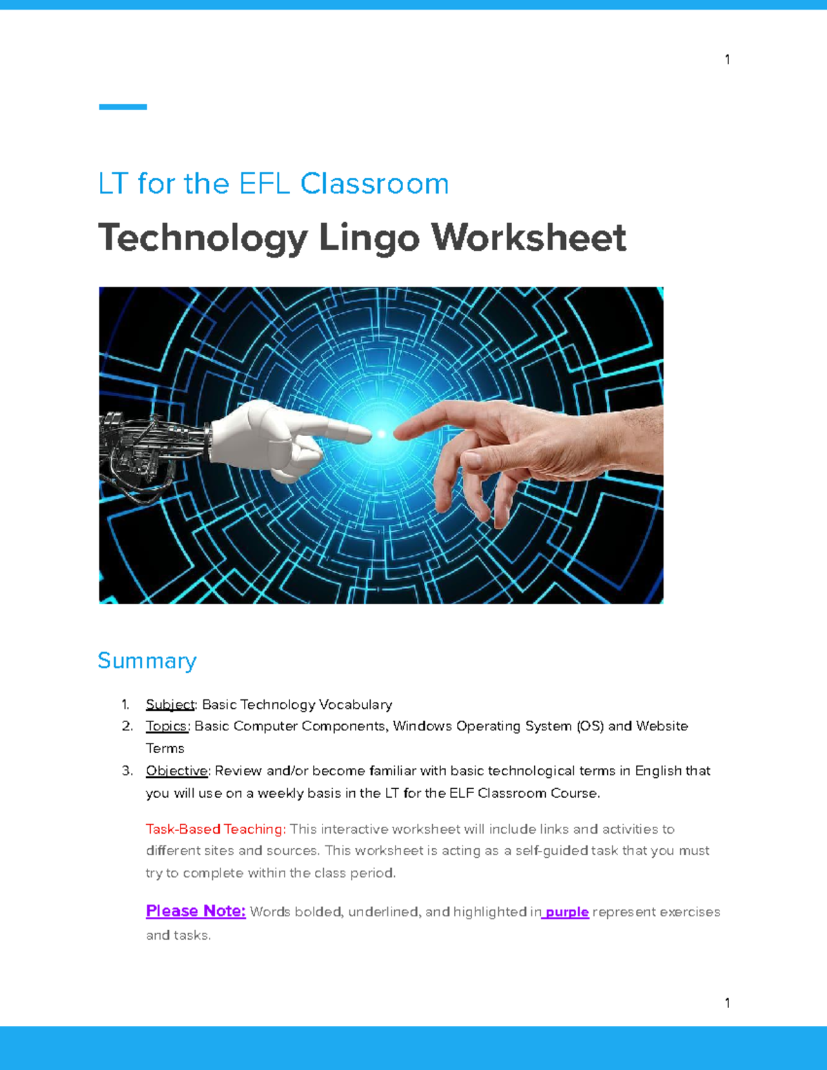 Technology Lingo Worksheet - LT for the EFL Classroom Technology Lingo Worksheet Summary Subject ...