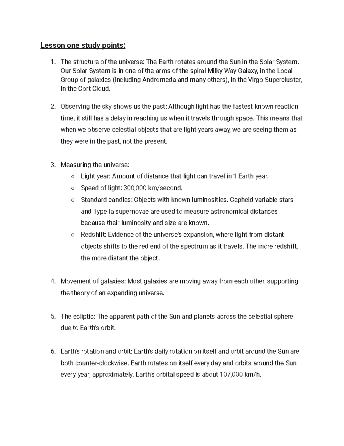 Astronomy lesson 1 notes - Lesson one study points: 1. The structure of ...