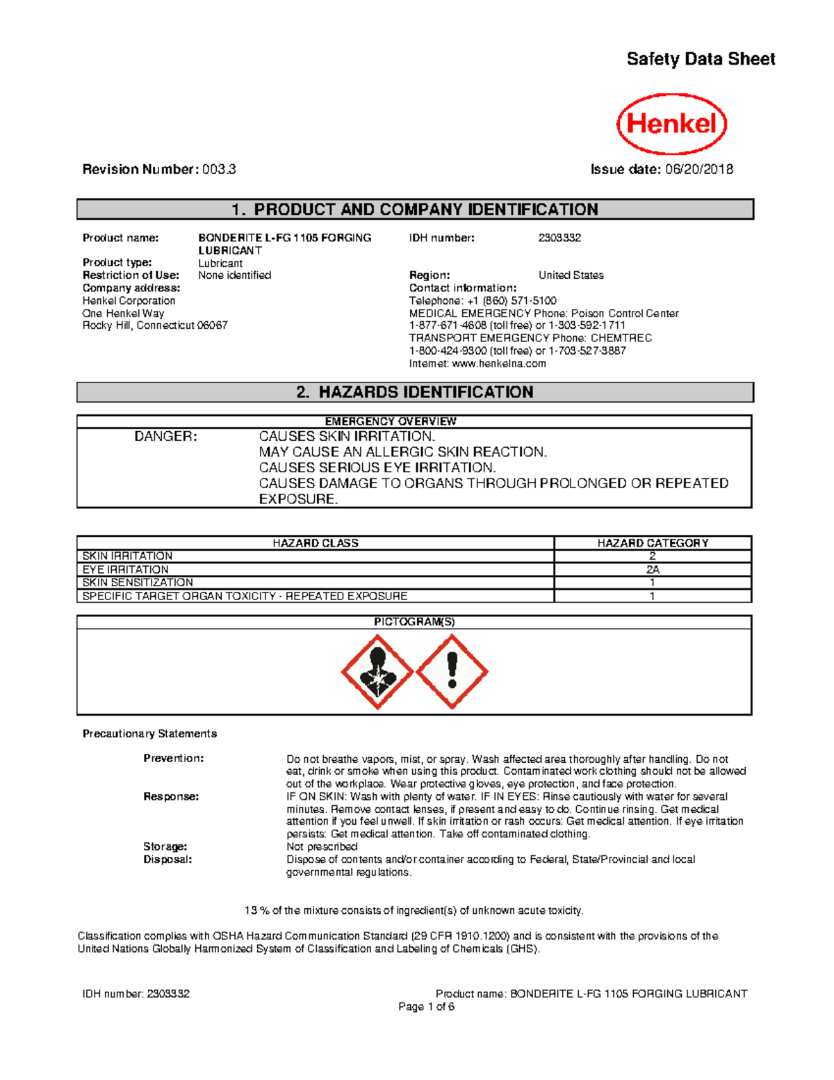 Bonderite 1105 Forging Lubricant - Safety Data Sheet (Revision 003.3 ...