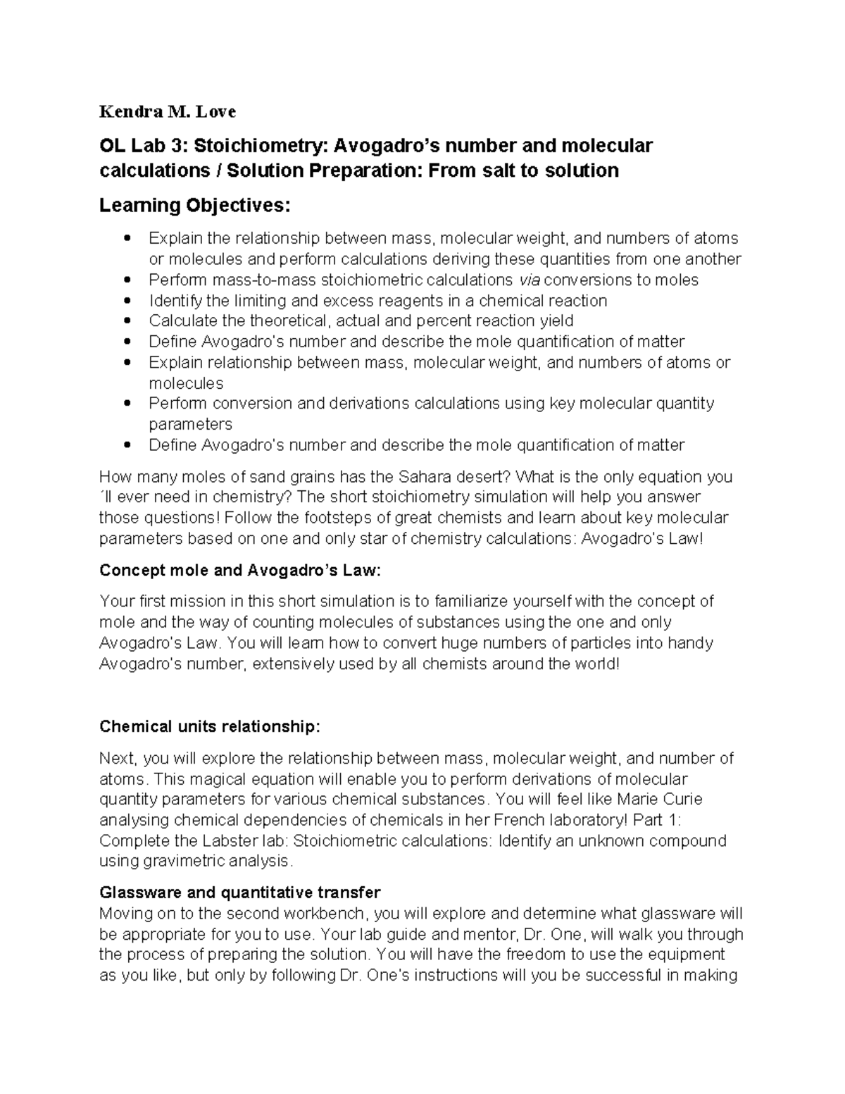 OL Lab 3: Stoichiometry & Solutions - Understanding Moles & Preparation - Studocu