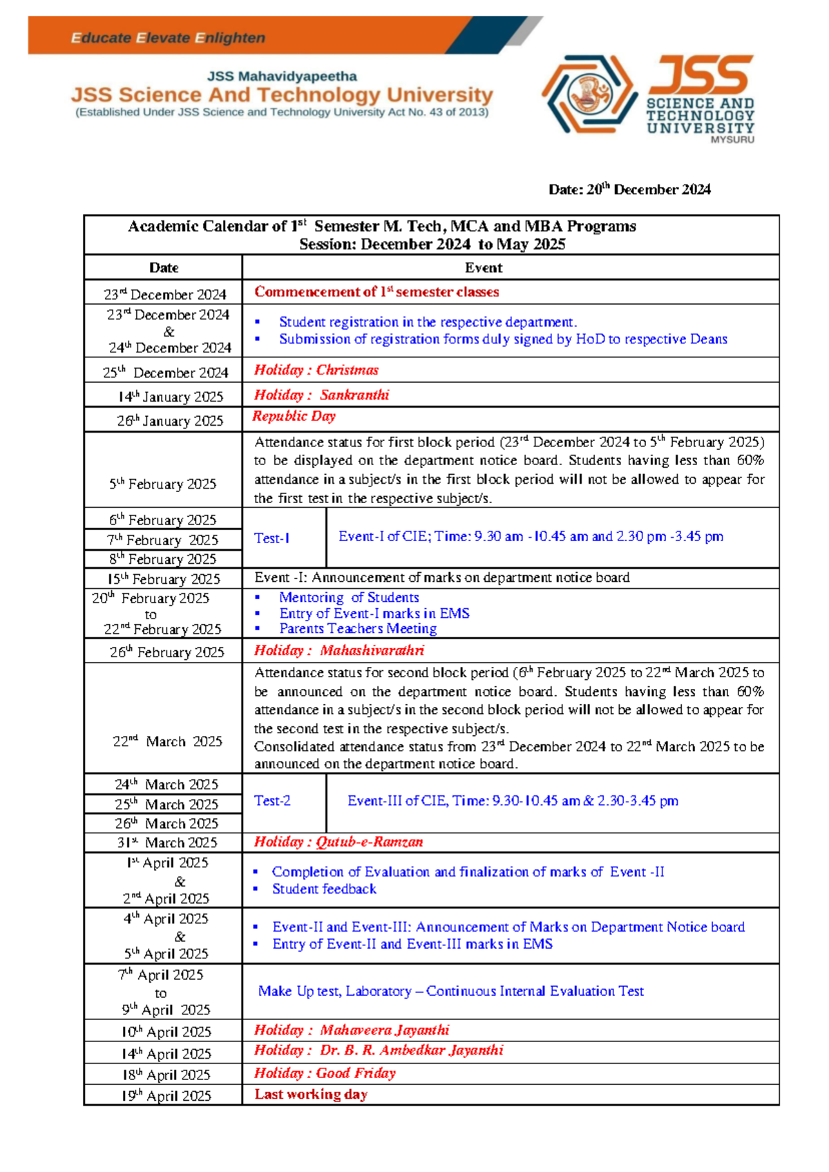 First Sem M.Tech & MCA MBA Calendar of Events (Session December 2024 to ...