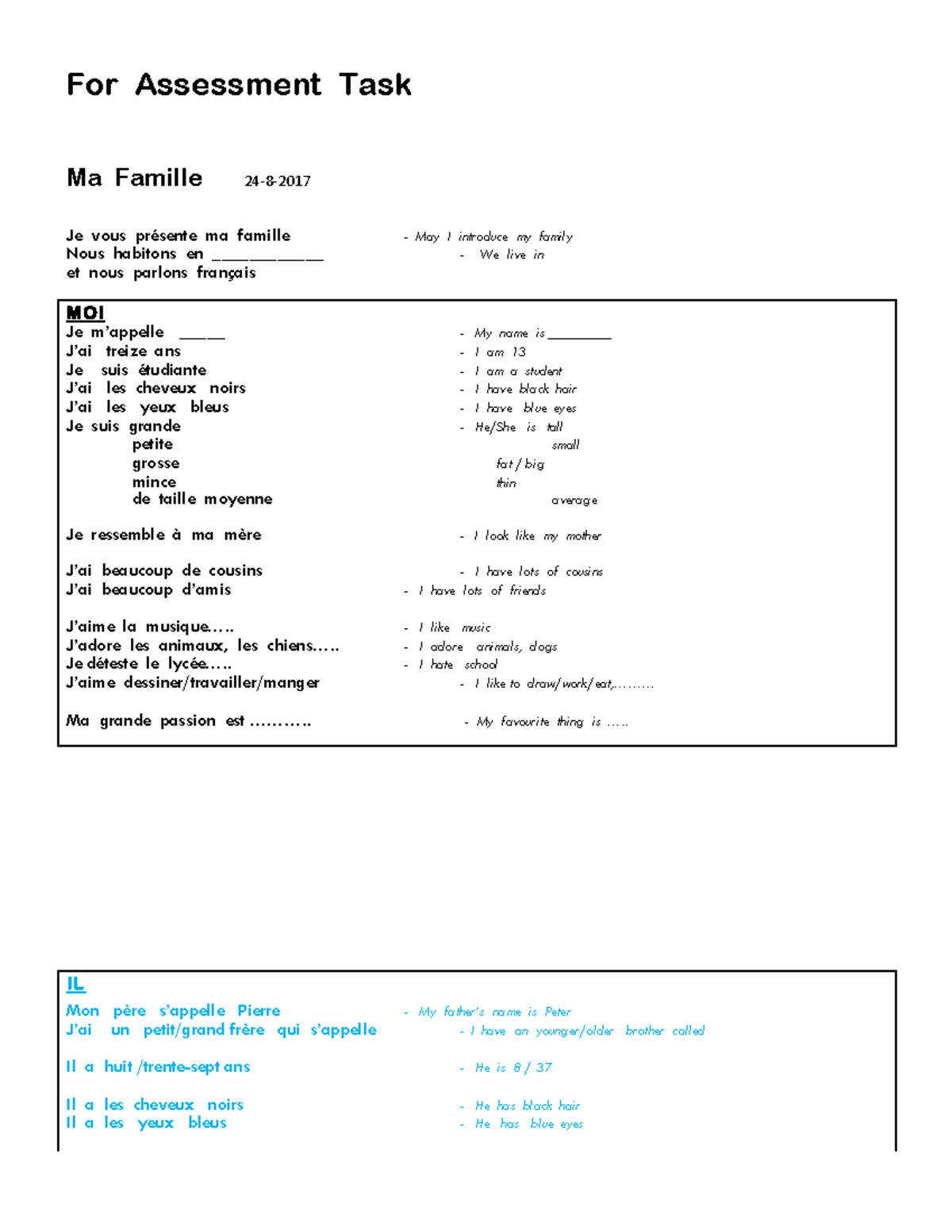 Vocabulaire pour Décrire Ma Famille et Moi - FR101 - Studocu