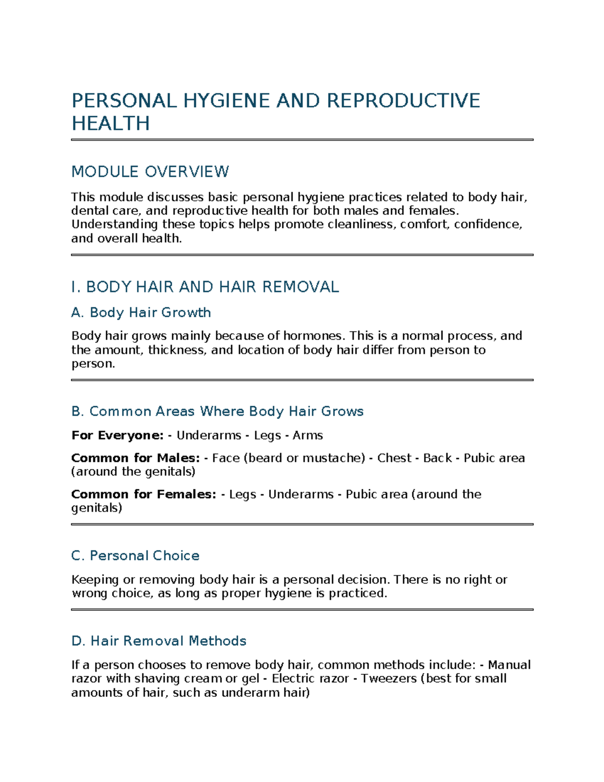 Personal Hygiene & Reproductive Health Module Overview - Studocu