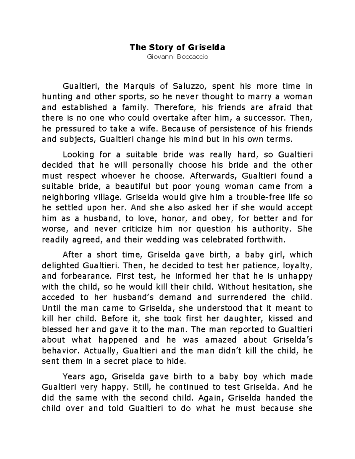 The Story of Griselda - The Story of Griselda Giovanni Boccaccio ...