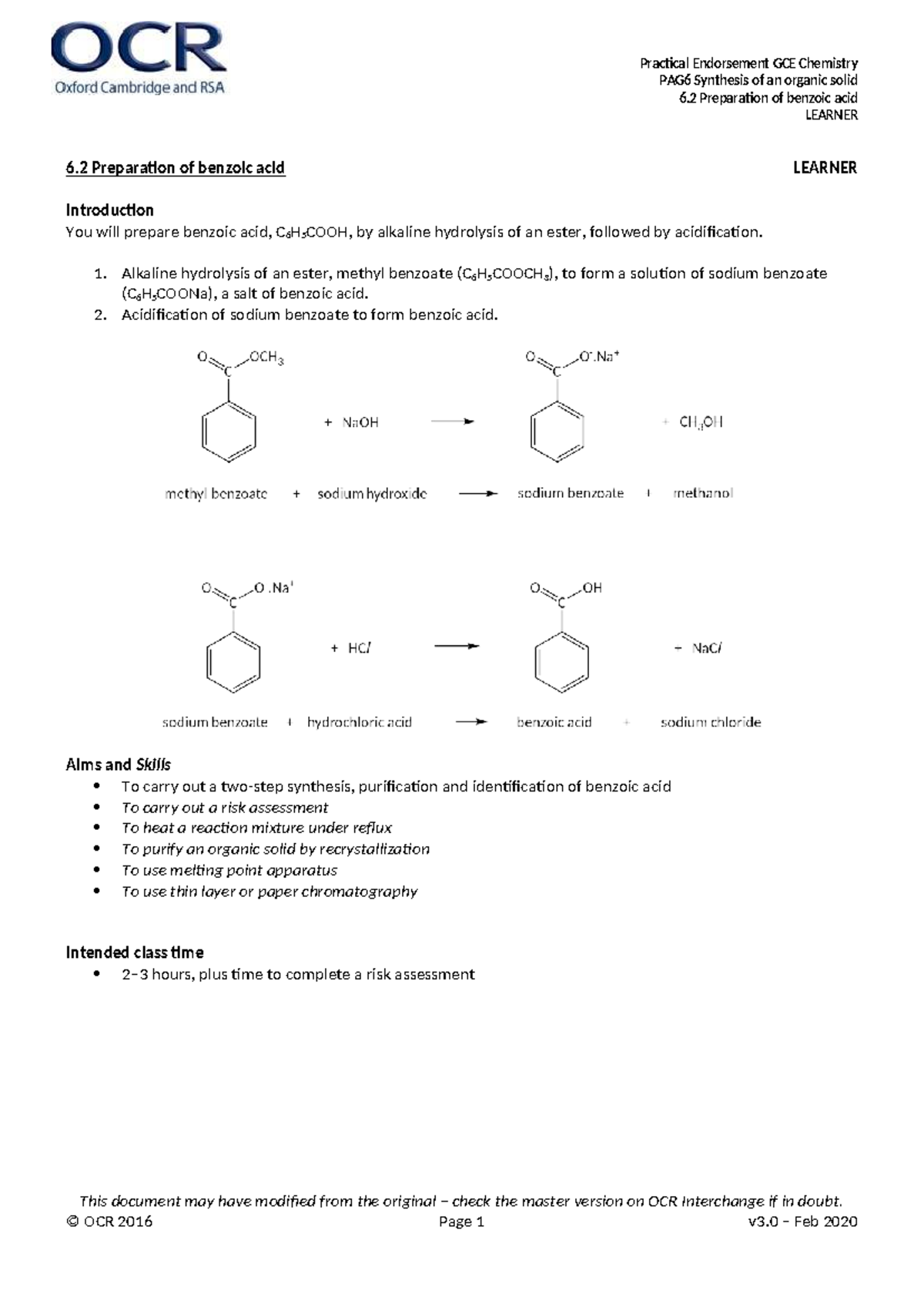 Practical Endorsement GCE Chemistry PAG6: Synthesis of Benzoic Acid ...