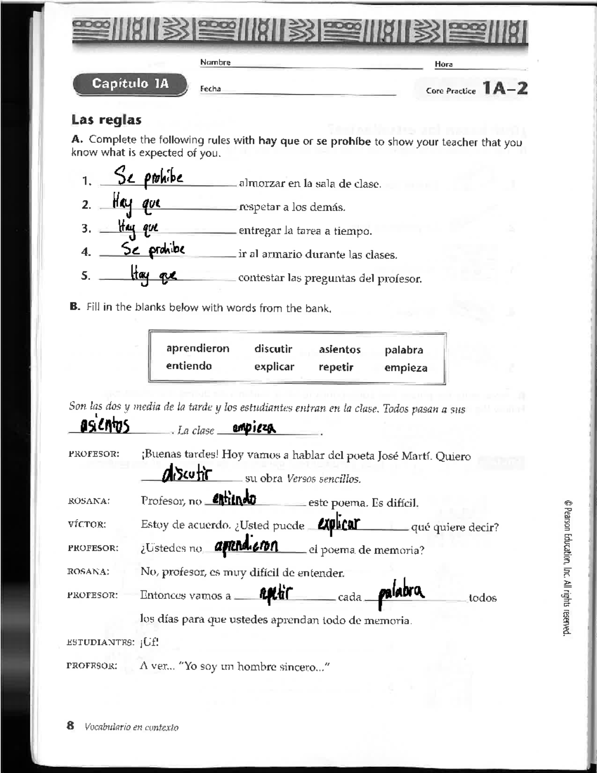 Spanish 2 1A CP 1A-2: Core Practice on Class Rules and Vocabulary - Studocu