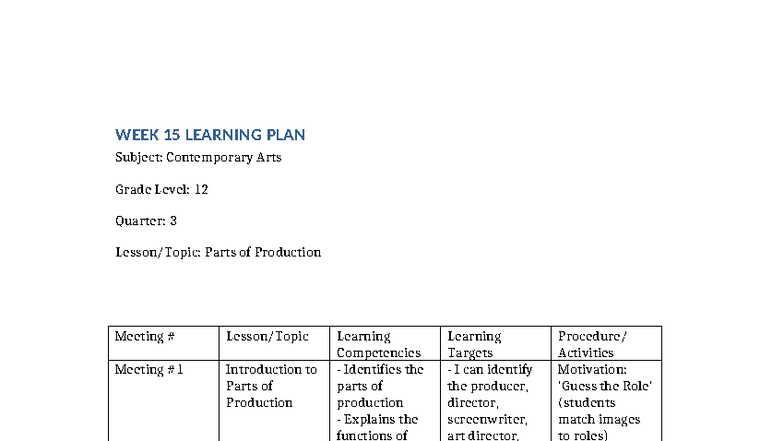 WEEK 15 LEARNING PLAN: Parts of Production in Contemporary Arts Grade ...