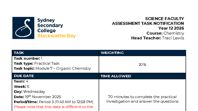 2026 Yr12 Chemistry Task 1: Practical Assessment Notification - Studocu