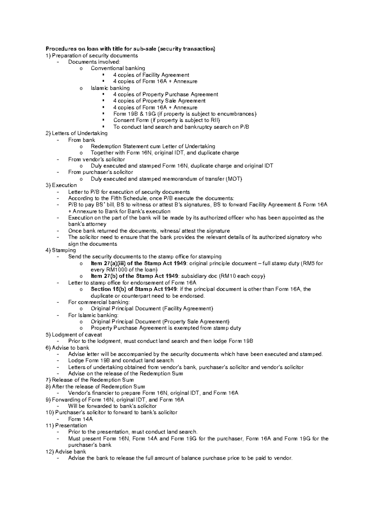 Procedures for Sub-Sale Transaction Financing: Security Docs ...