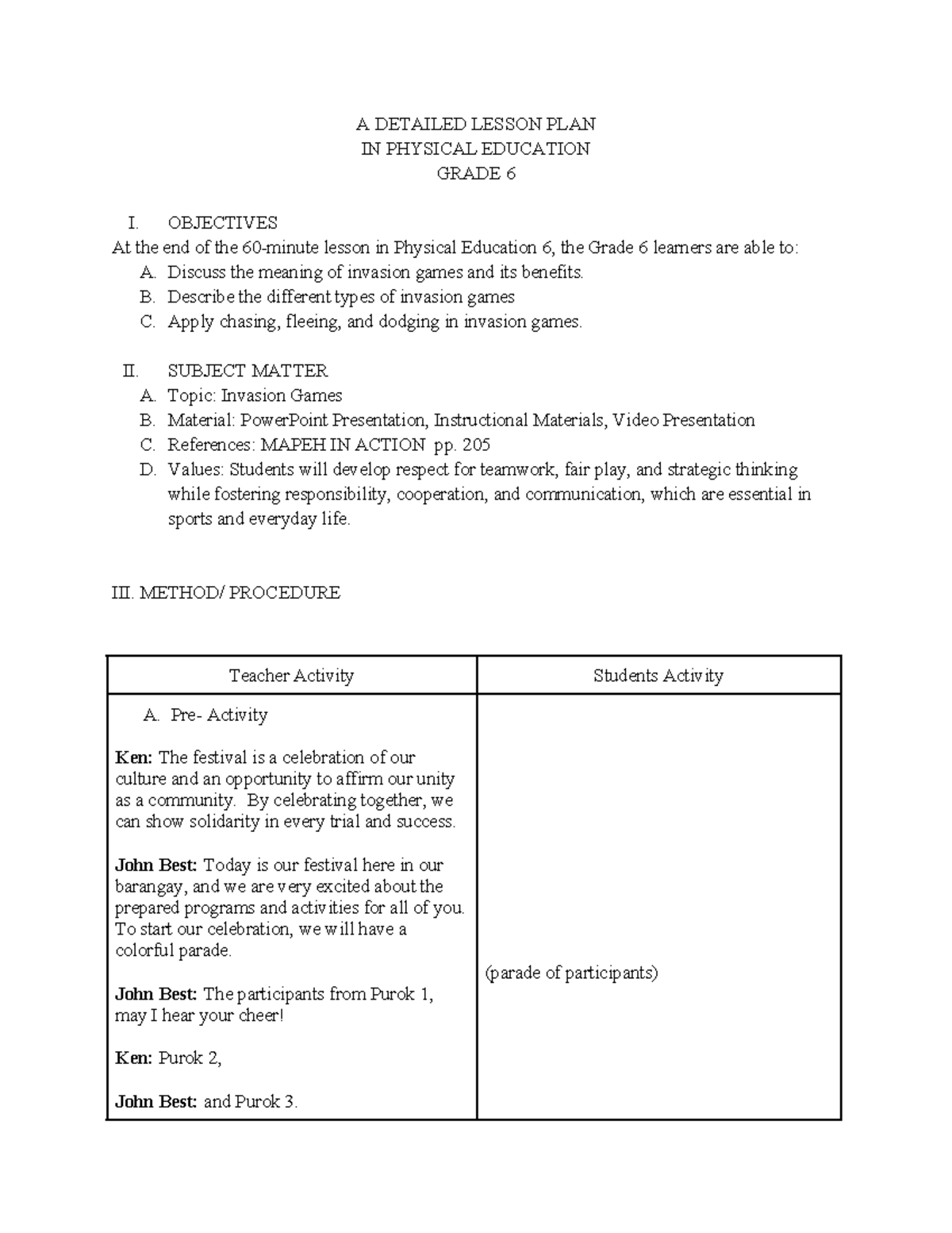 DLP-Grade 6 Detailed Lesson Plan on Invasion Games - Studocu