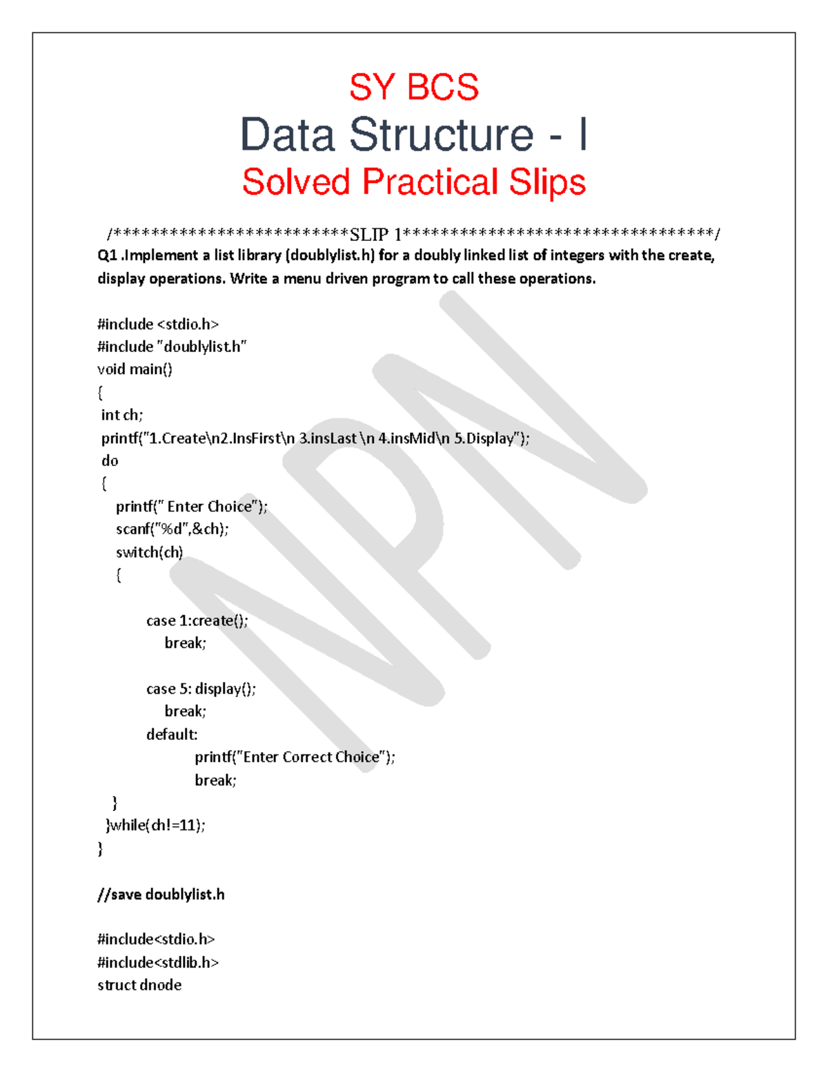 Data Structure - I: Solved Practical Slips (SY BCS) - Studocu