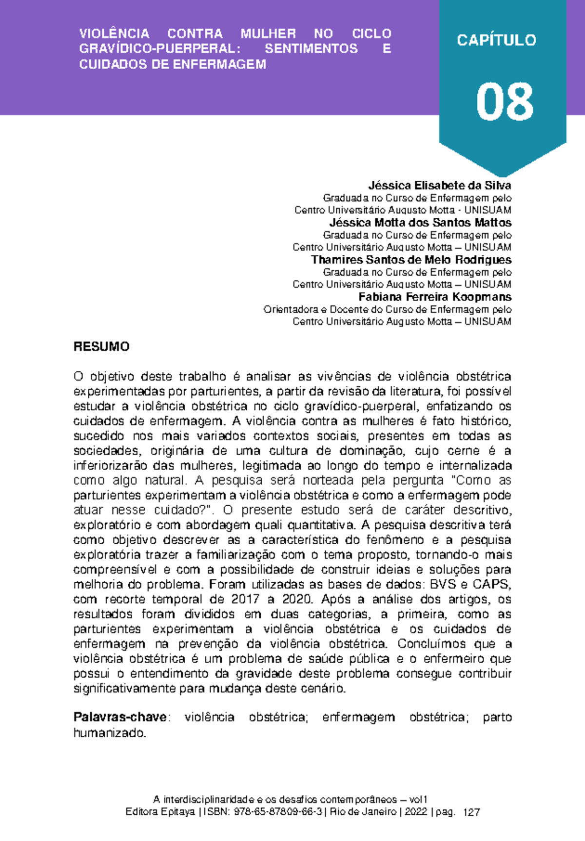 VIOLÊNCIA OBSTÉTRICA E CUIDADOS DE ENFERMAGEM: CAPÍTULO 08 (ENF) - Studocu