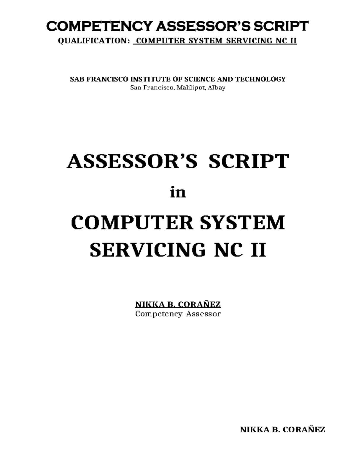 Computer Systems Servicing NC II Assessor's Script Guide - Studocu