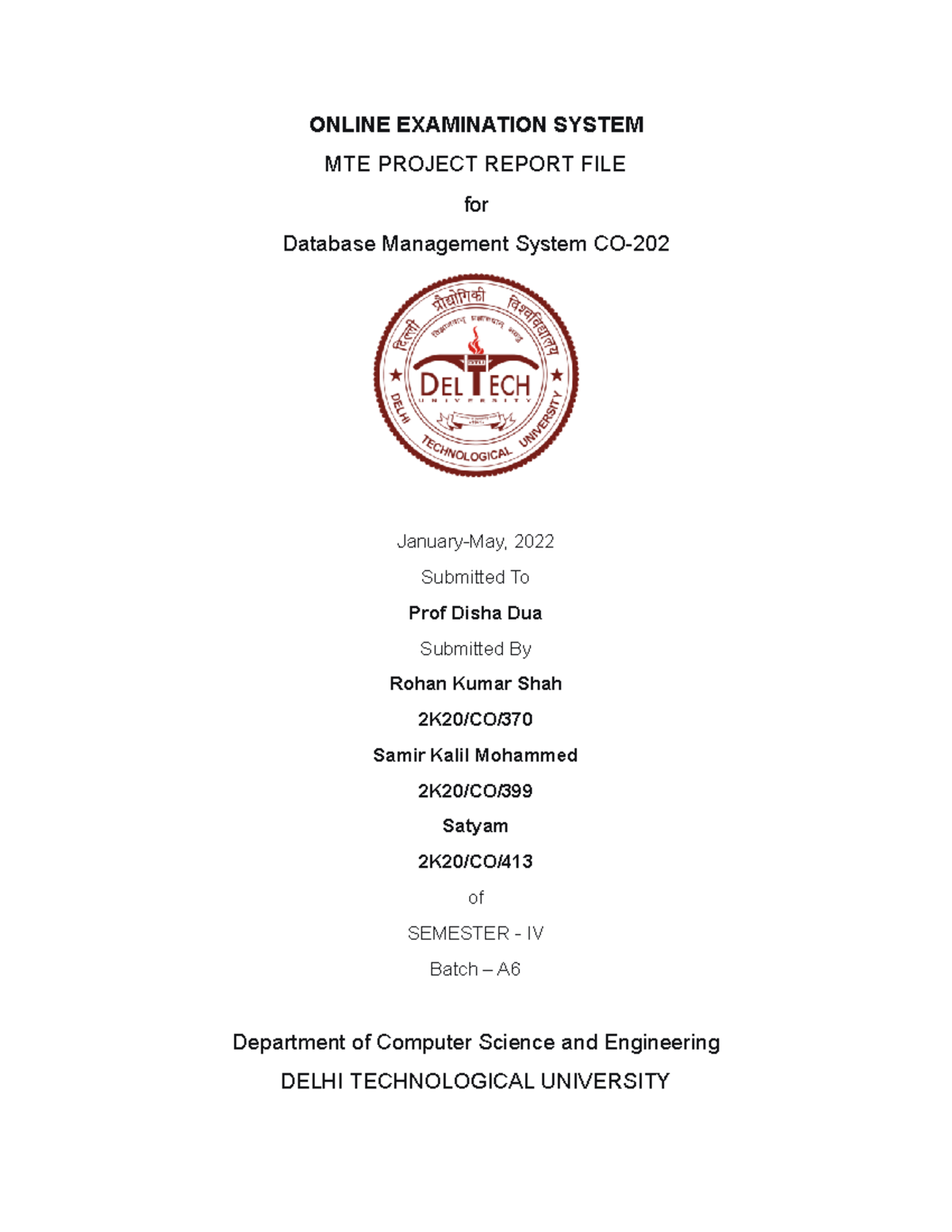 DBMS Project Report - ONLINE EXAMINATION SYSTEM MTE PROJECT REPORT FILE for Database Management ...