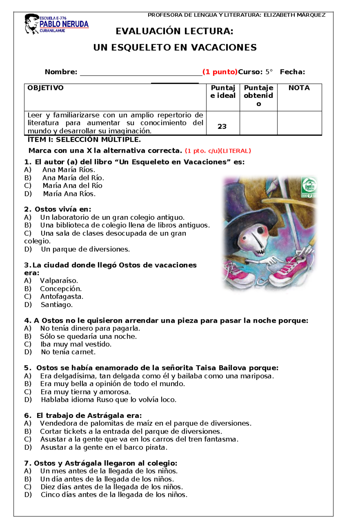 Prueba de Lectura: Un Esqueleto en Vacaciones - 5° Curso - Studocu