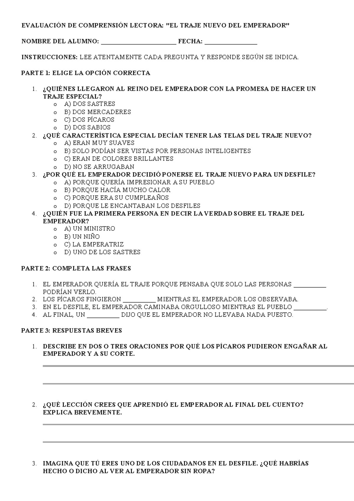 Evaluación de Comprensión Lectora: "El Traje Nuevo del Emperador" - Studocu