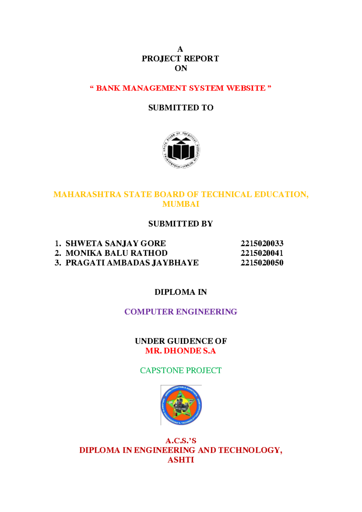 Capstone Project Report: Bank Management System Website - Diploma in CE - Studocu