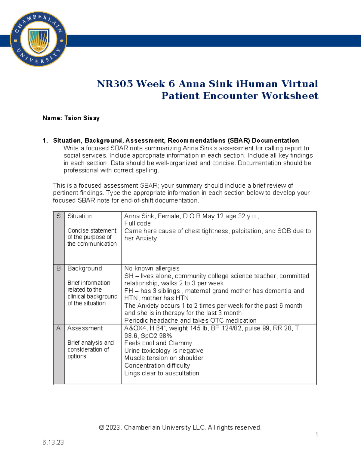 NR305 Week 6 Patient Encounter Worksheet: Anna Sink SBAR Assessment ...