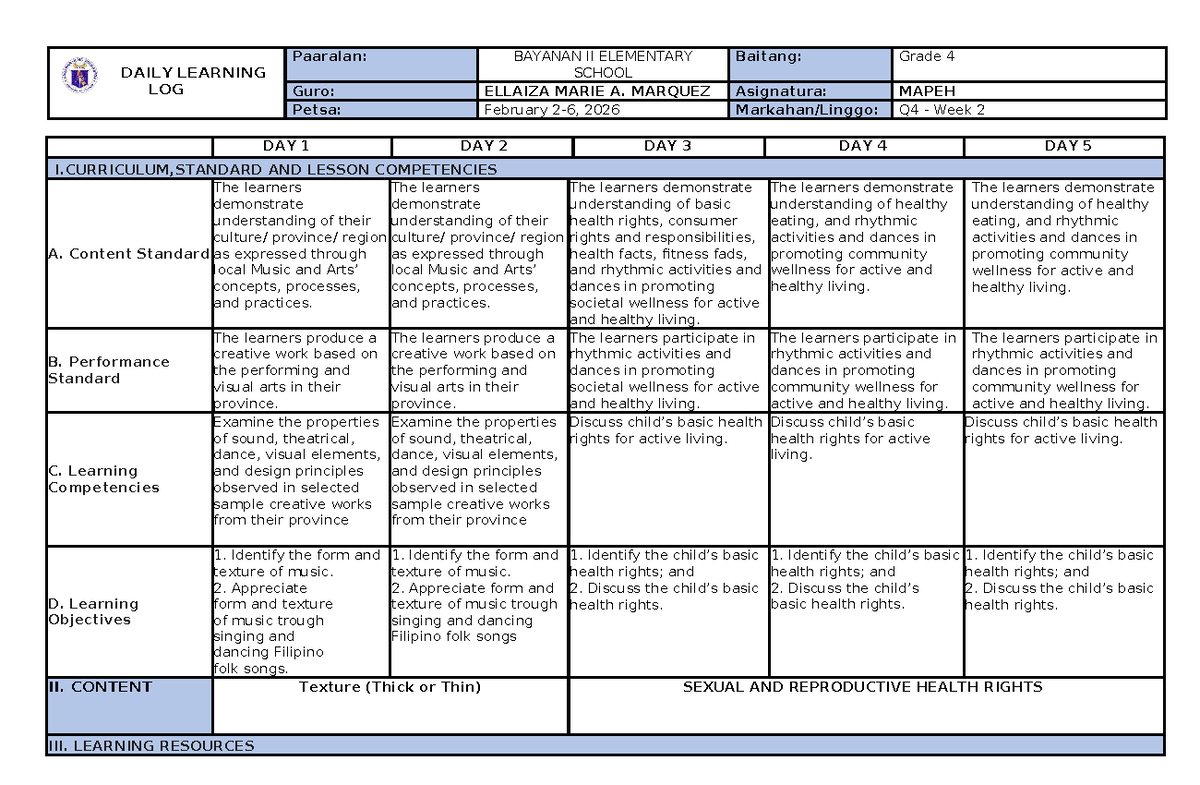 Q4 Week 2 Learning Log for MAPEH 4: Health Rights and Music - Studocu