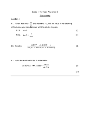Grade 11 Revision Worksheet 11 Trigonometry - 1 A C B Grade 11 Revision ...