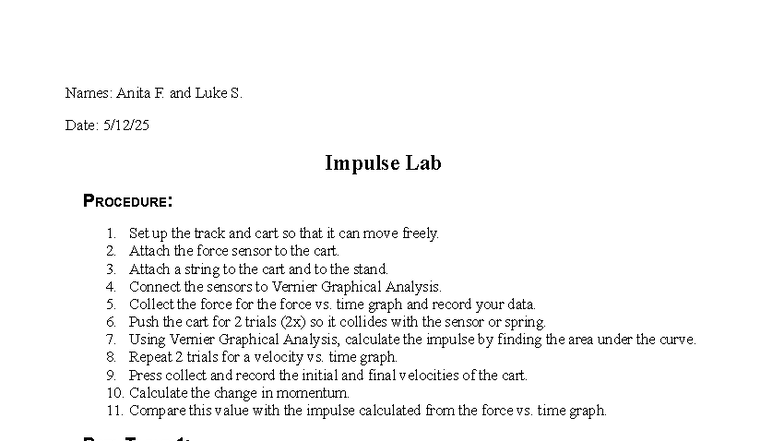 20 Impulse and Momentum Lab Procedure and Data Analysis - Studocu