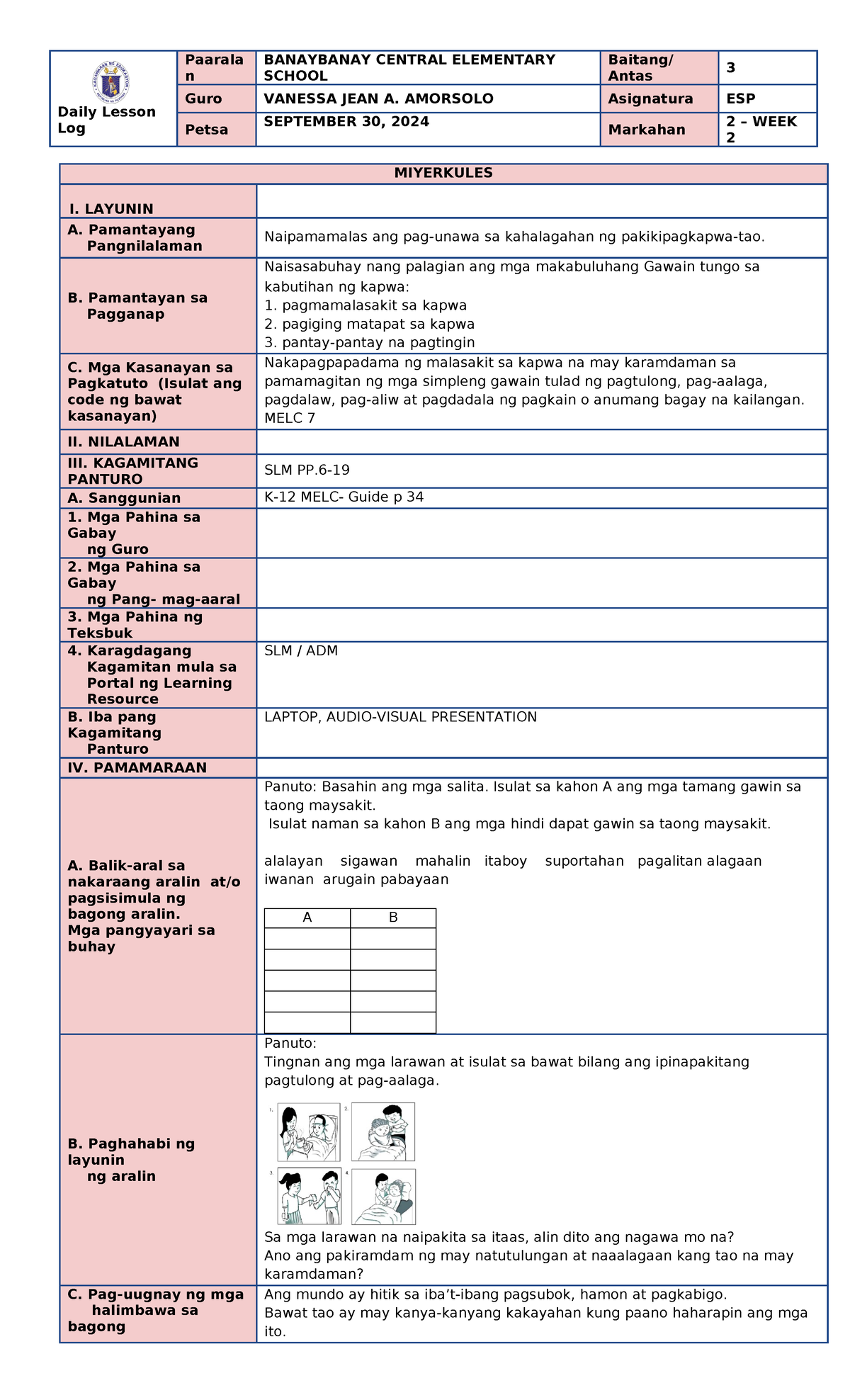 ESP DLL Q2 W1 - LESSON PLAN FOR WEEK 1 - Daily Lesson Log Paarala n ...
