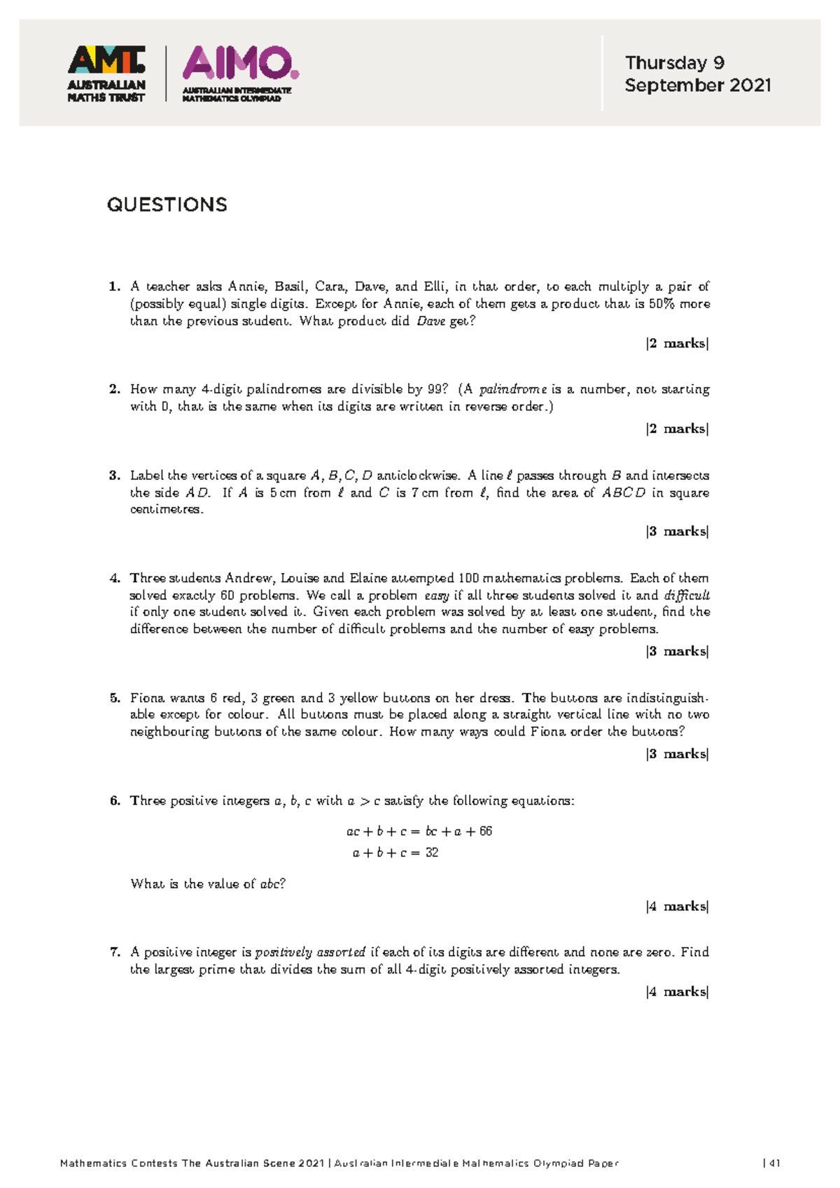 AIMO 2021: Australian Intermediate Mathematics Olympiad Questions - Studocu