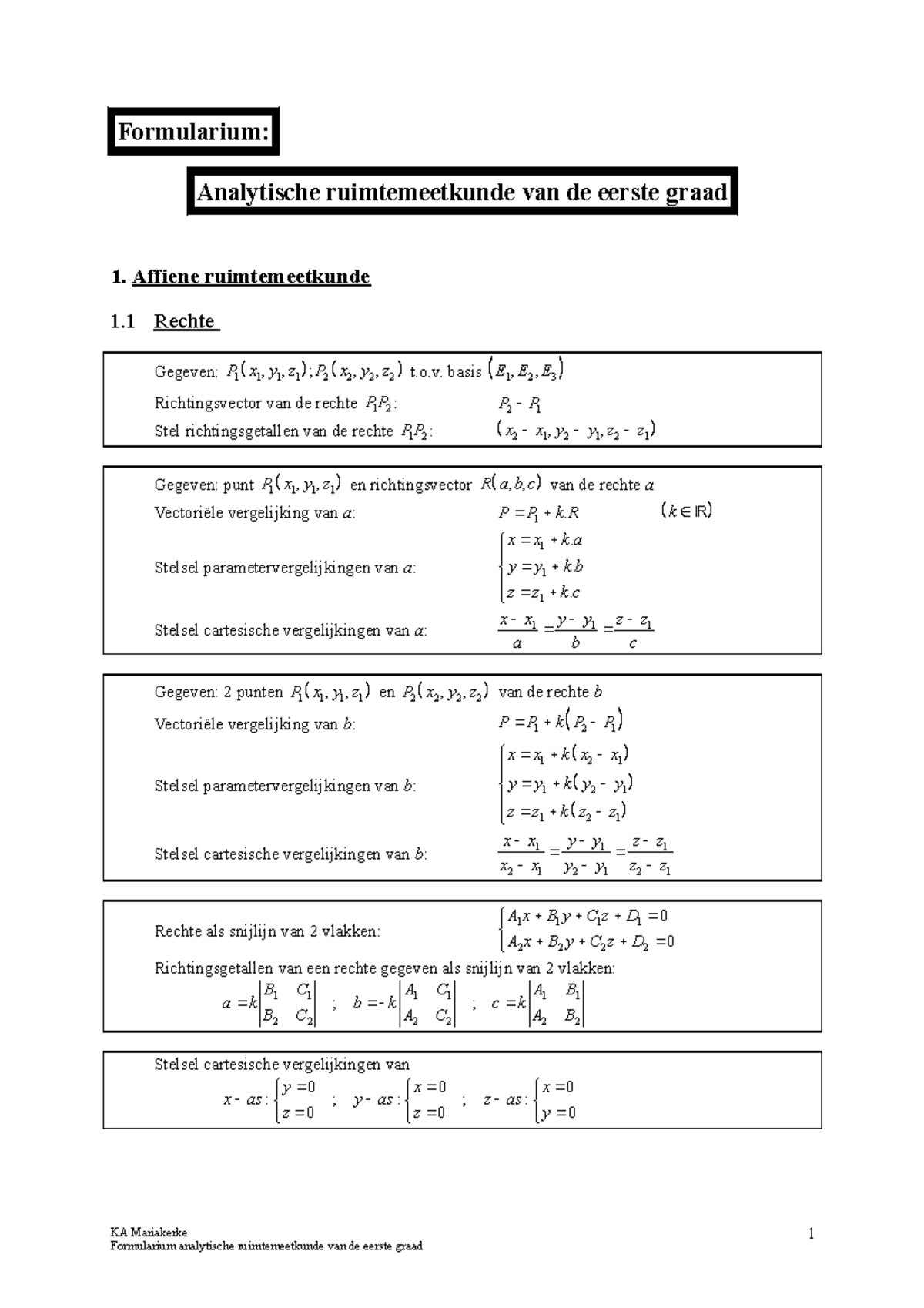 Analytische Ruimtemeetkunde Formules en Concepten - KA Mariakerke ...