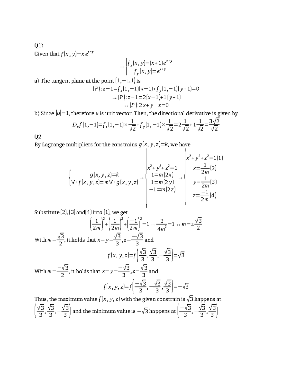 Calculus III Quiz: Tangent Planes, Lagrange Multipliers & Volume ...