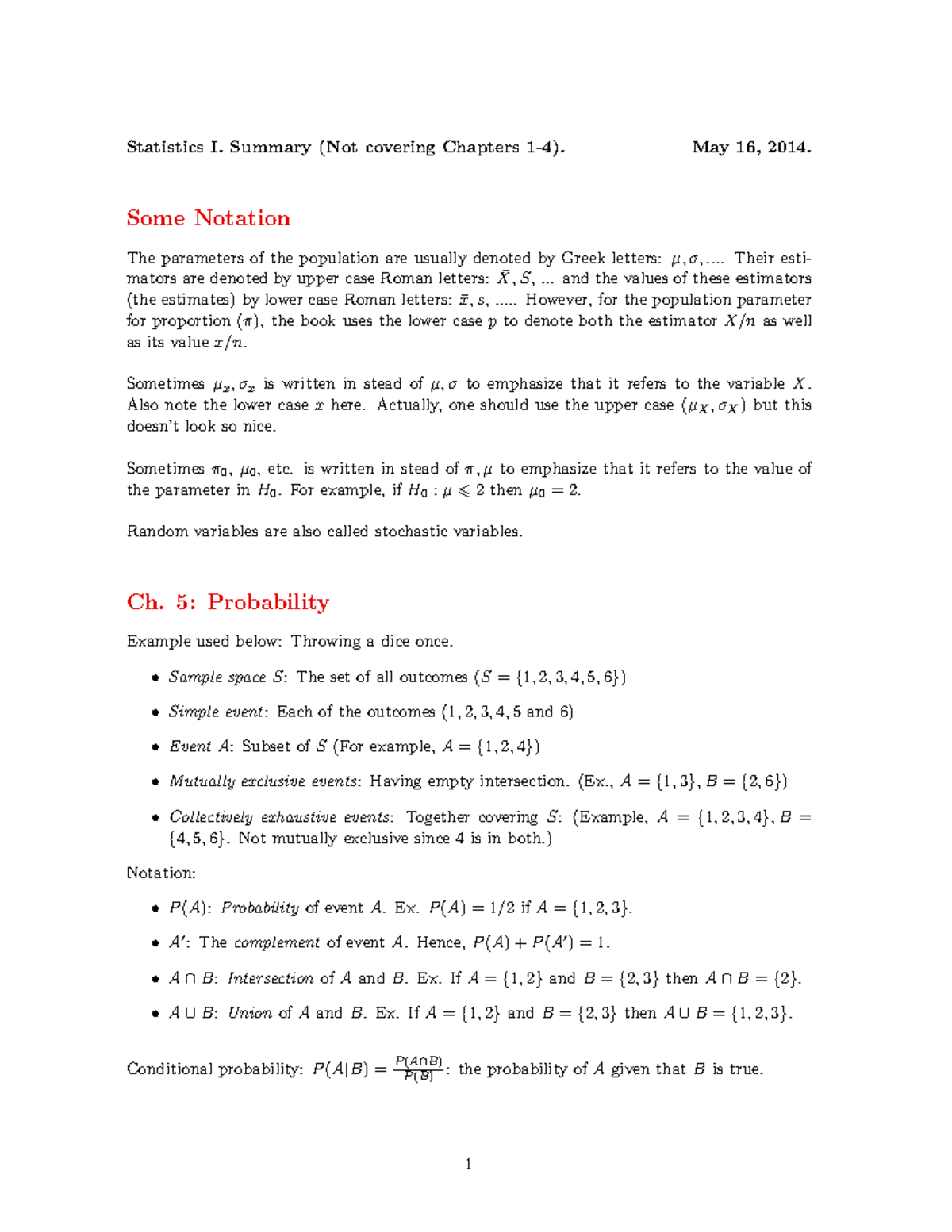 Statistics I: Summary of Chapters 5 to 16 (Excl. Ch. 1-4) - Studeersnel