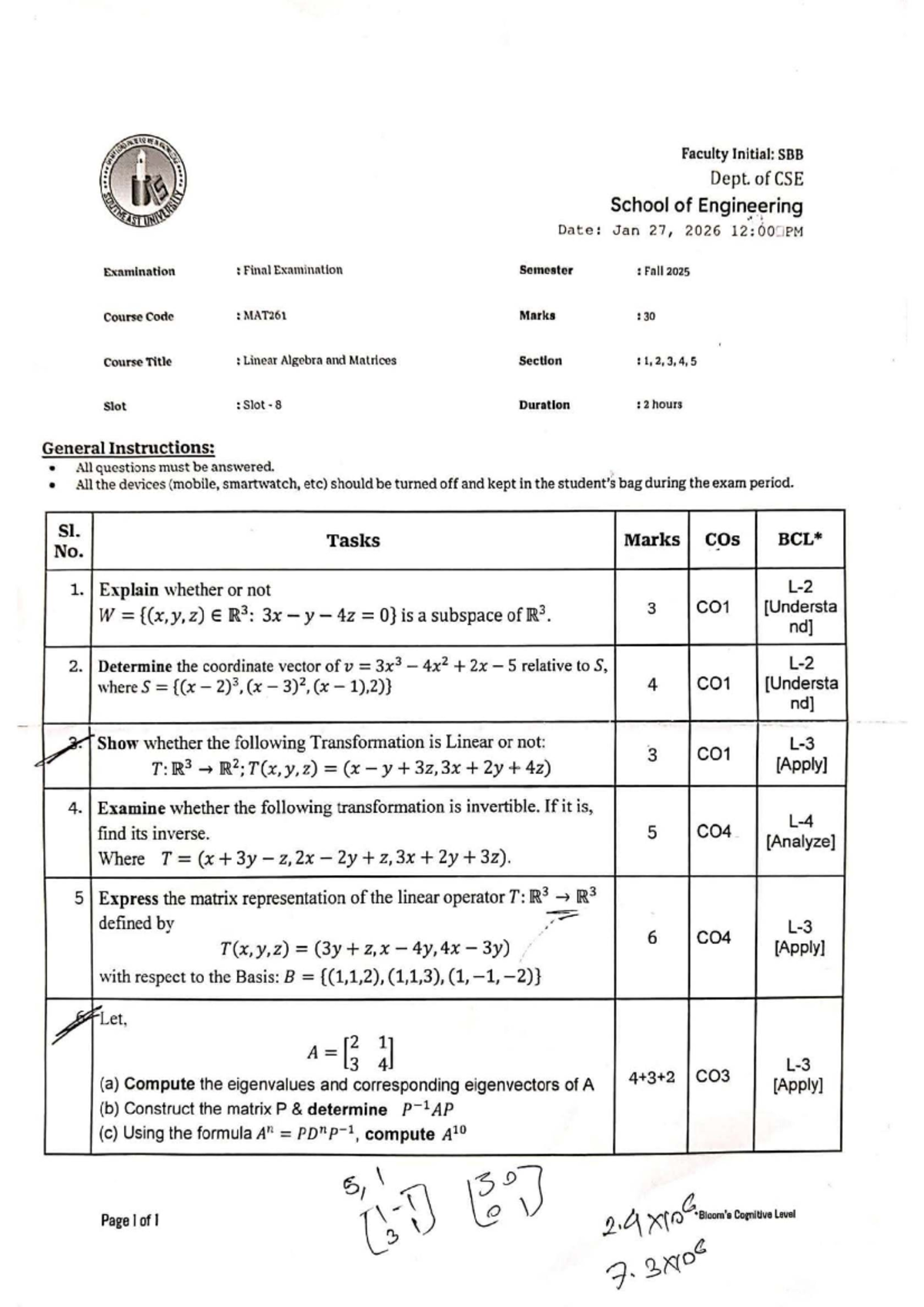 MAT261 - Final Exam Questions on Linear Algebra and Matrices - Studocu