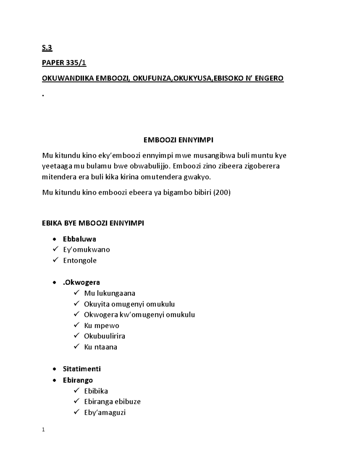 S3 Luganda Final Exam Notes on Letter Writing and Speeches - Studocu