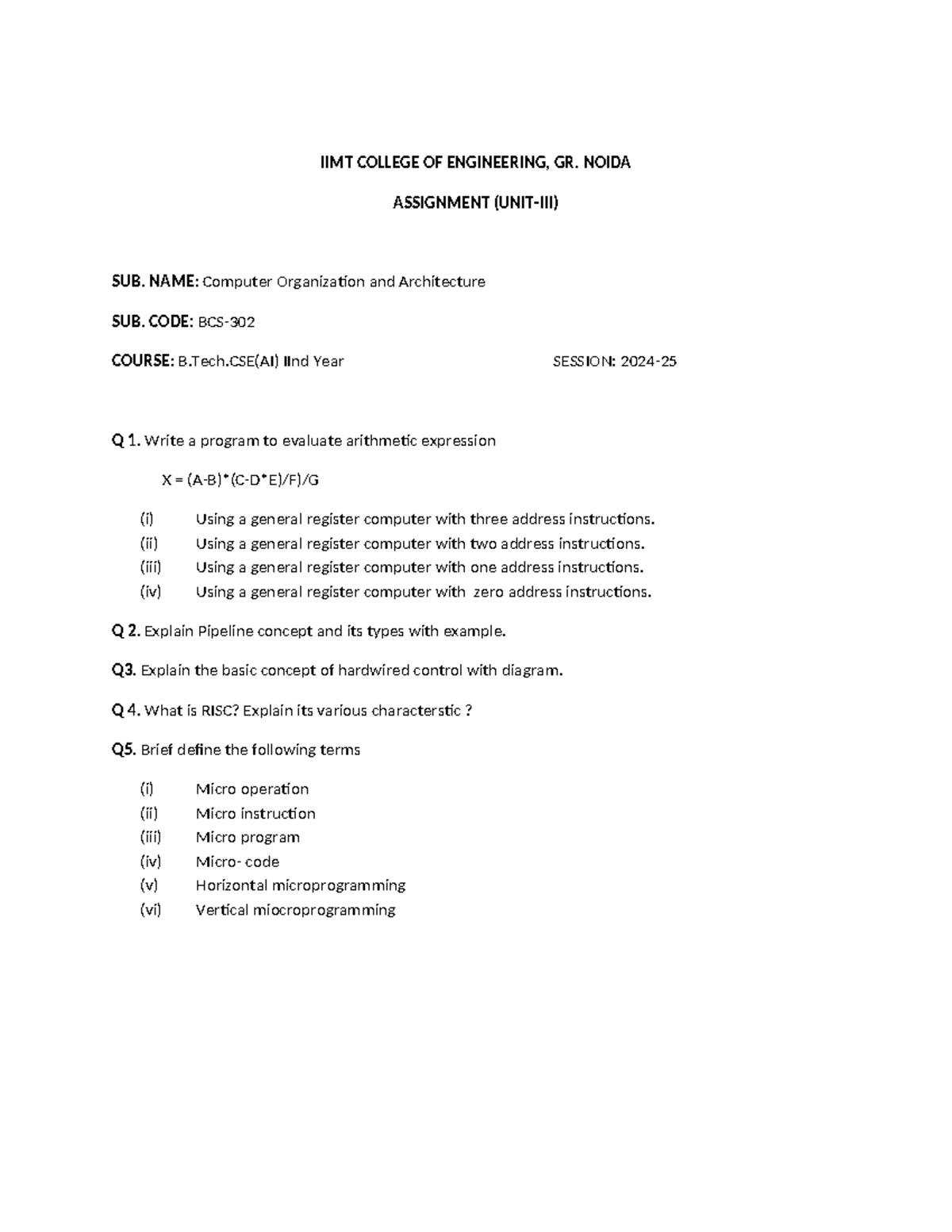 COA Assignment 4: Computer Organization & Architecture (B.Tech CSE AI ...