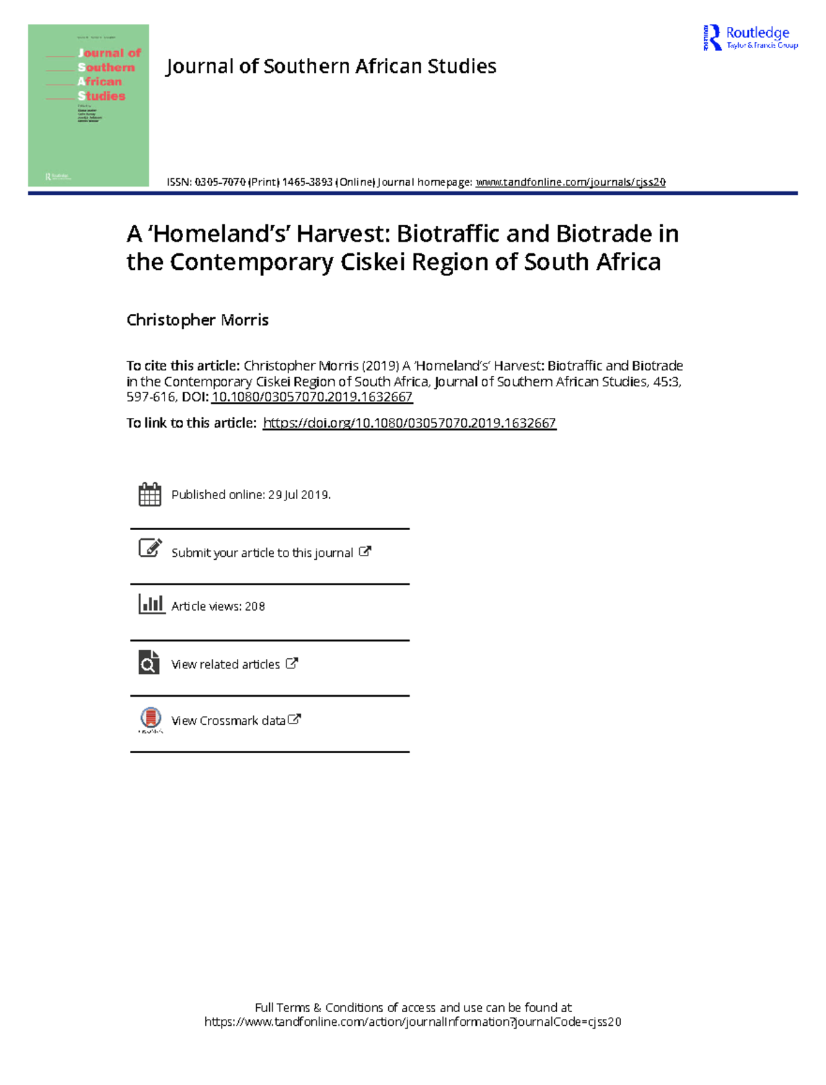 A ‘Homeland’s Harvest: Biotraffic and Biotrade in Ciskei, South Africa ...