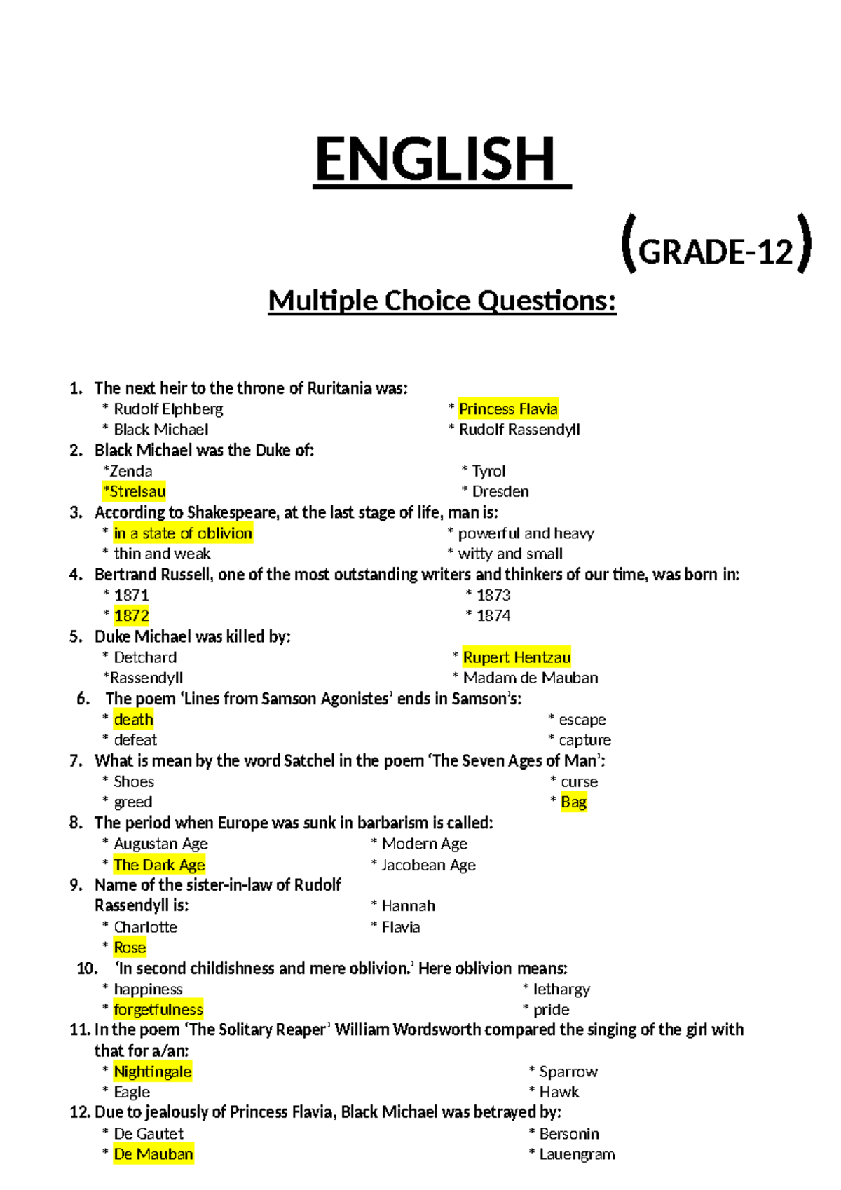 Grade-12 English: Multiple Choice Questions Review & Practice - Studocu