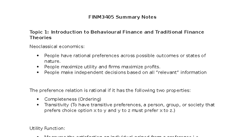 FINM3405 Summary Notes: Behavioural Finance Theories and Market ...