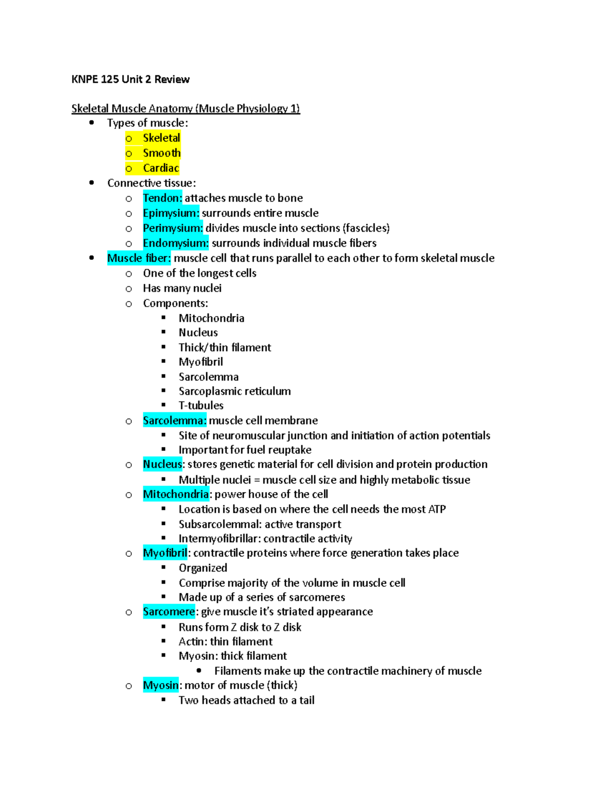 KNPE125 Unit Test 2 Review - KNPE 125 Unit 2 Review Skeletal Muscle ...