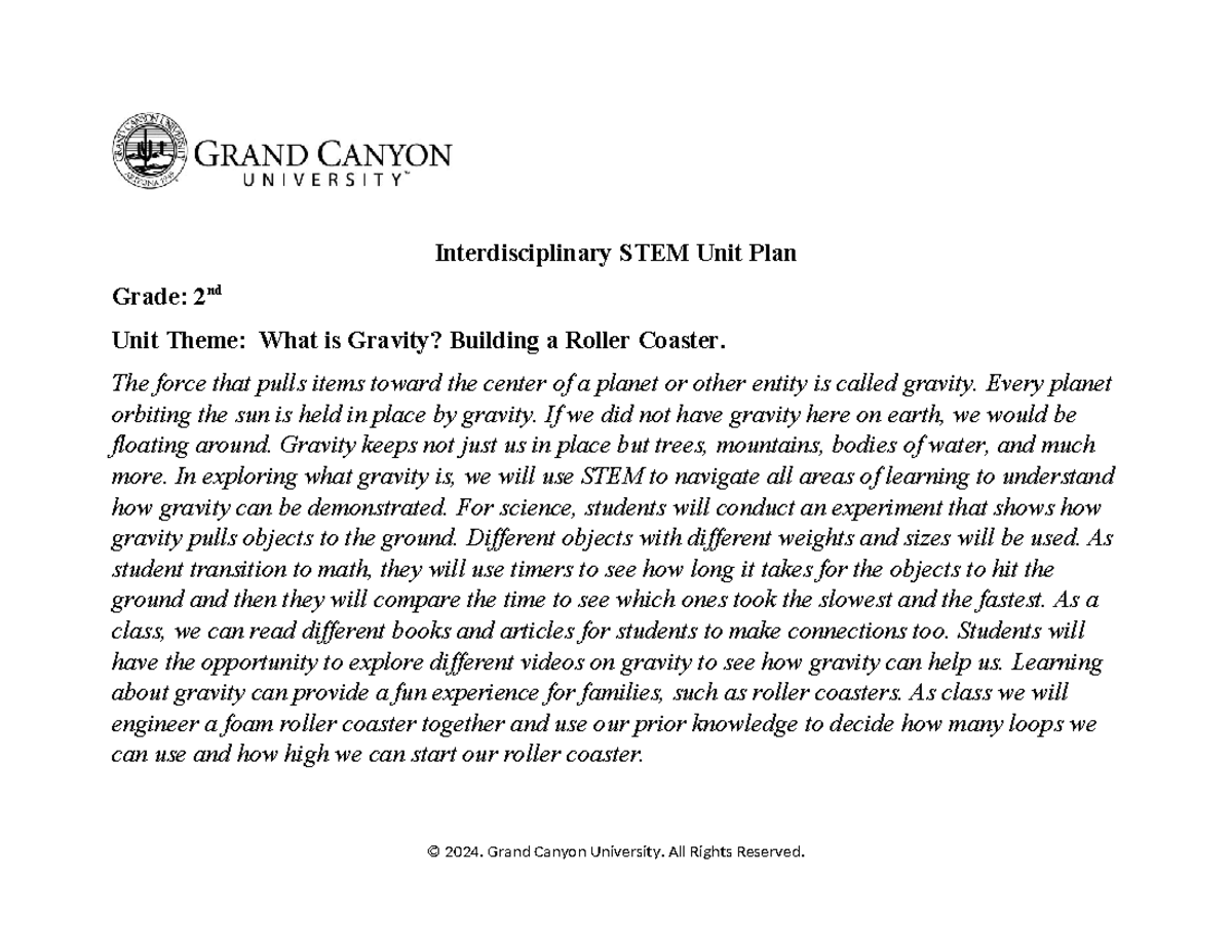 4 ELM-462-Unit Plan - Gravity & Roller Coaster STEM Lessons 1-4 - Studocu