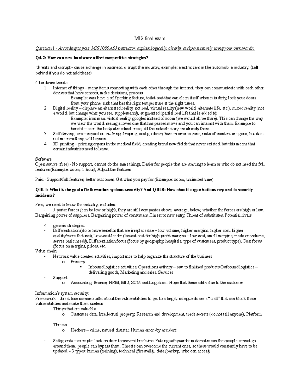 MIS 2000 A03 Final Exam Notes: Strategies & Security in Management ...