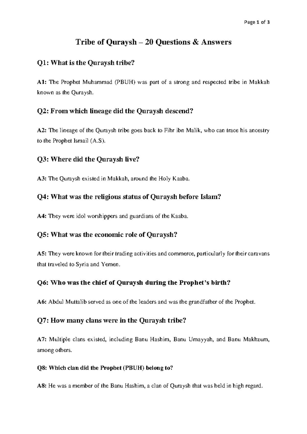 Tribe of Quraysh: 20 Q&A on Their History and Influence - Studocu