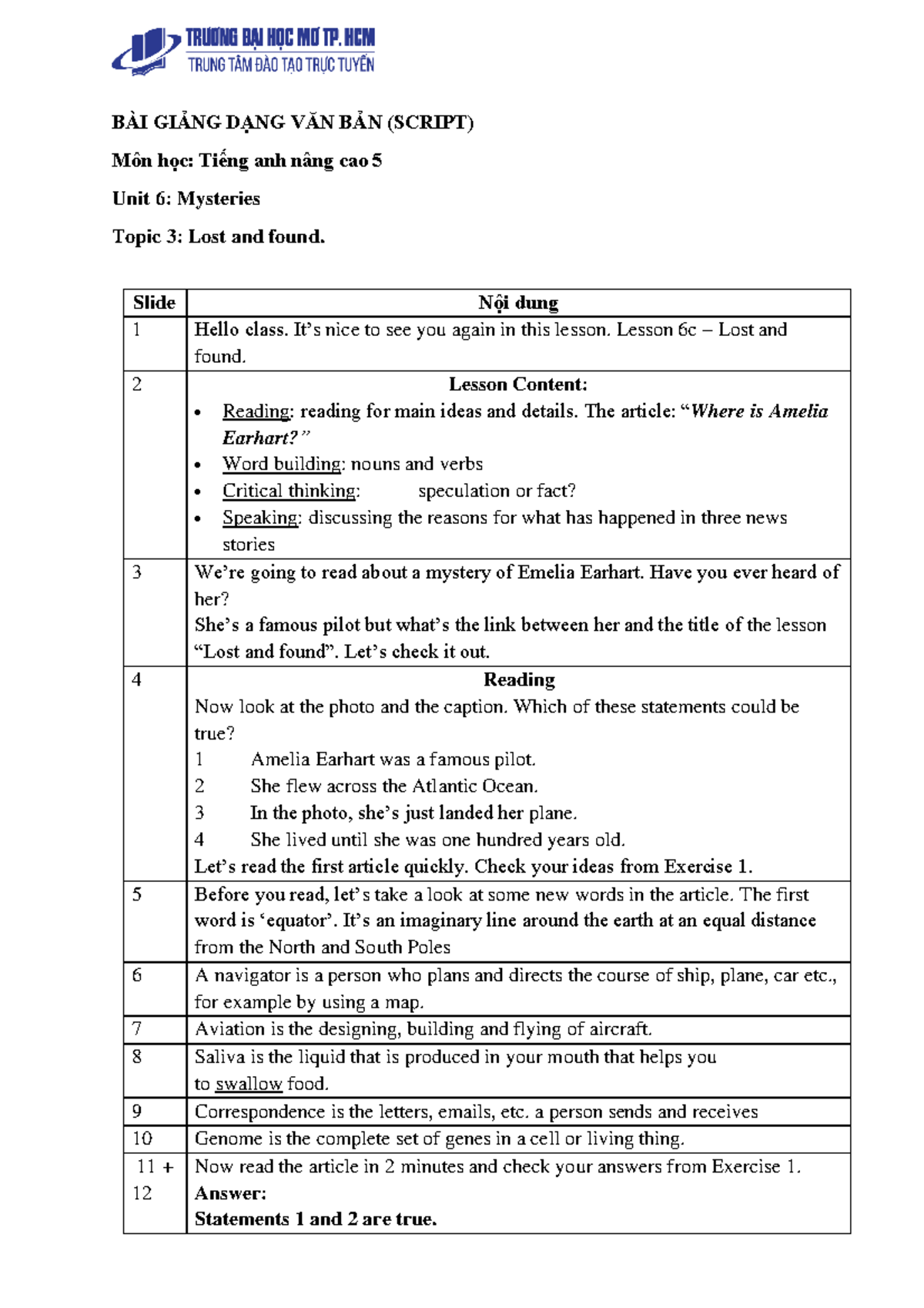 Unit 6 Script - Advanced English Lesson on Mysteries and Amelia Earhart ...
