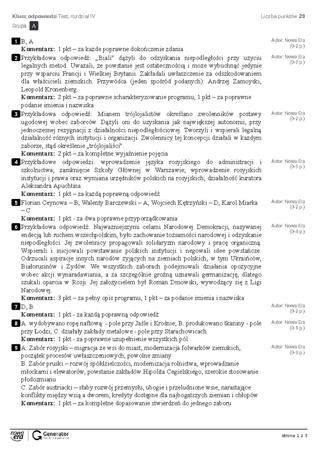 Ziemie polskie w II połowie XIX wieku: Klucz Odpowiedzi do Testu (Jan ...