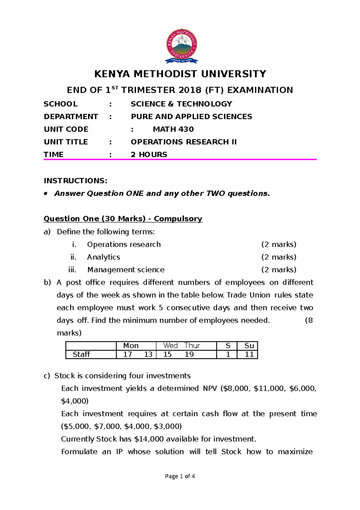 Operations Research II (MATH 430) FT 1ST Trimester 2018 - KENYA METHODIST UNIVERSITY END OF 1ST ...