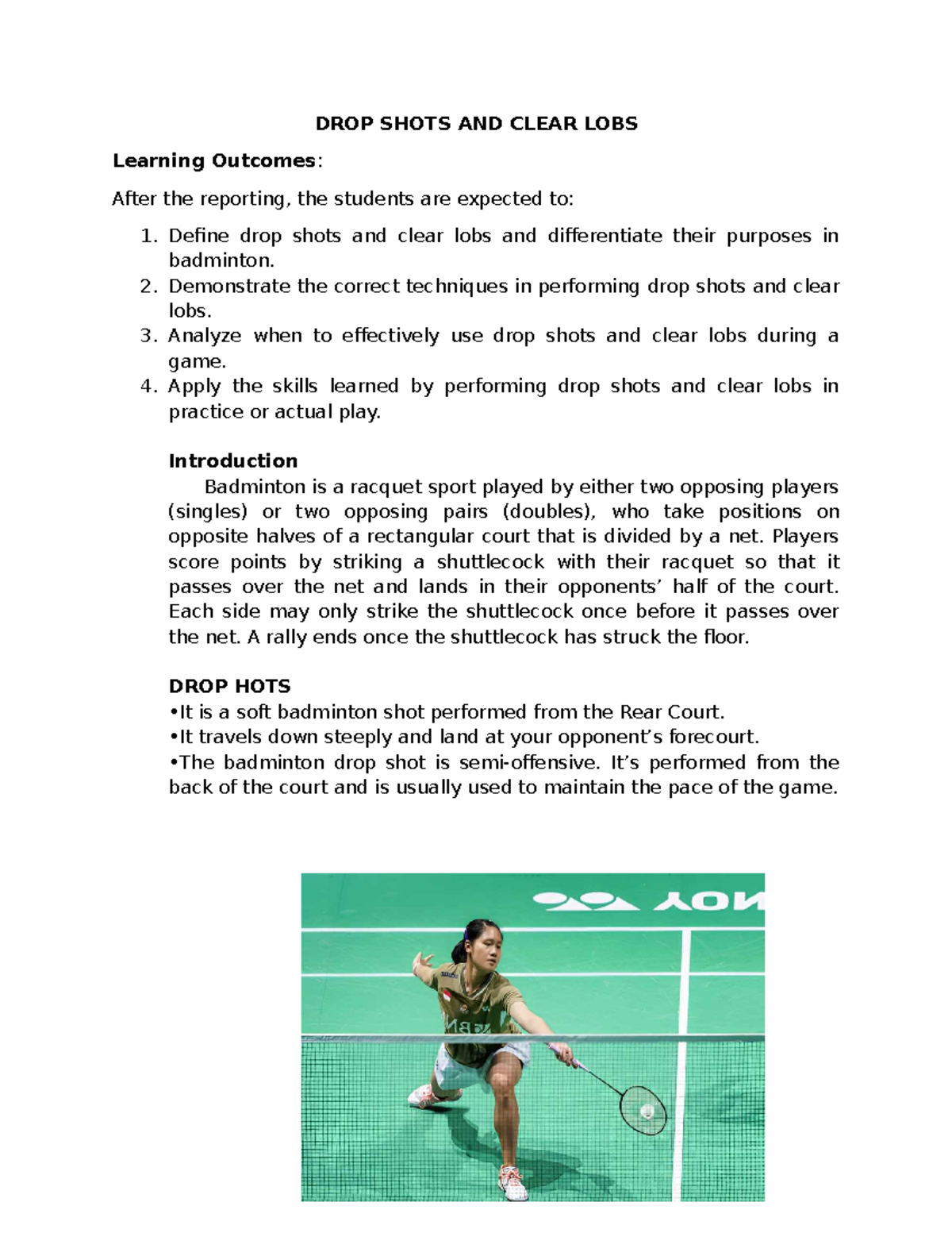 DROP SHOTS AND CLEAR LOBS: Techniques and Strategies in Badminton - Studocu