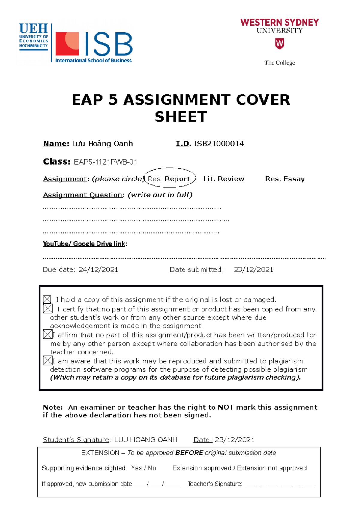 EAP5 Assignment cover sheet with UEH logo 07 - EAP 5 ASSIGNMENT COVER SHEET Name: Lưu Hoàng Oanh ...