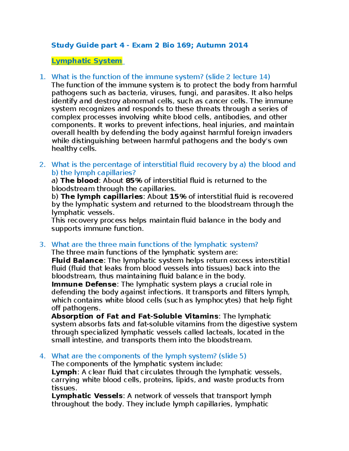 4a.Lymphatic Syste - Study Guide part 4 - Exam 2 Bio 169; Autumn 2014 ...