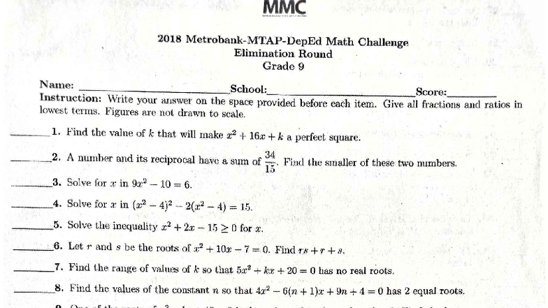 2018-MTAP Math Challenge Elimination Round Grade 9 Questions & Answers ...