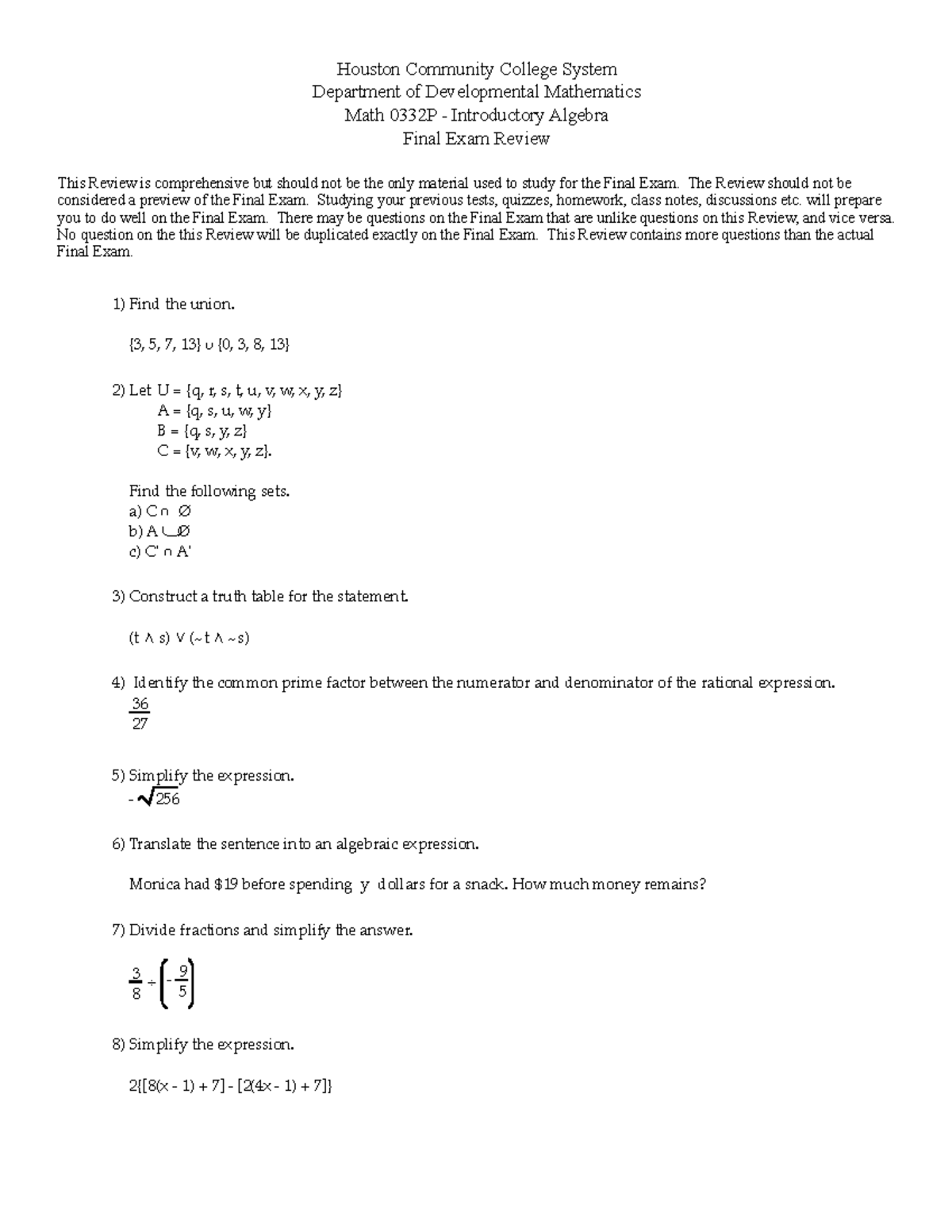 Fall 2021 Math 0332P Introductory Algebra Final Exam Review - Studocu