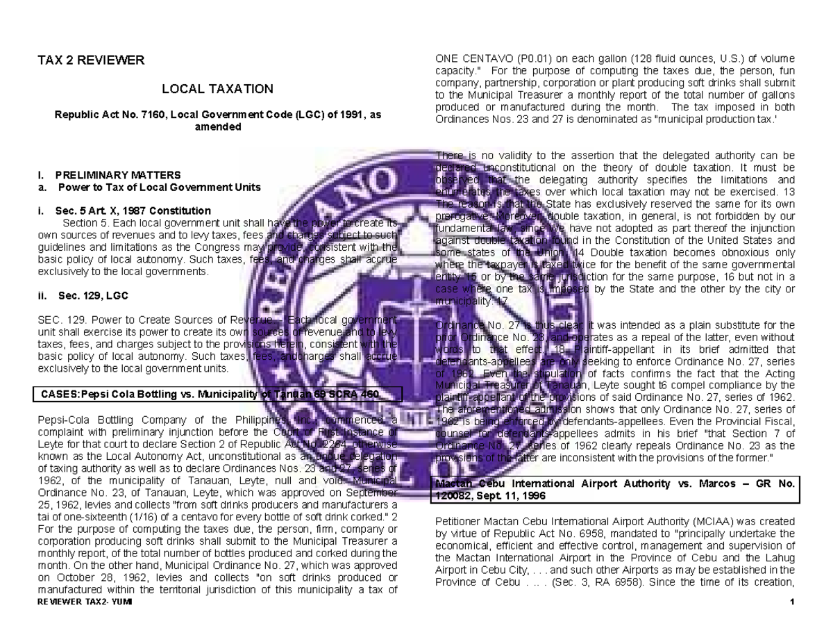 TAX 2: Reviewer on Local Government Taxation and Key Case Laws - Studocu