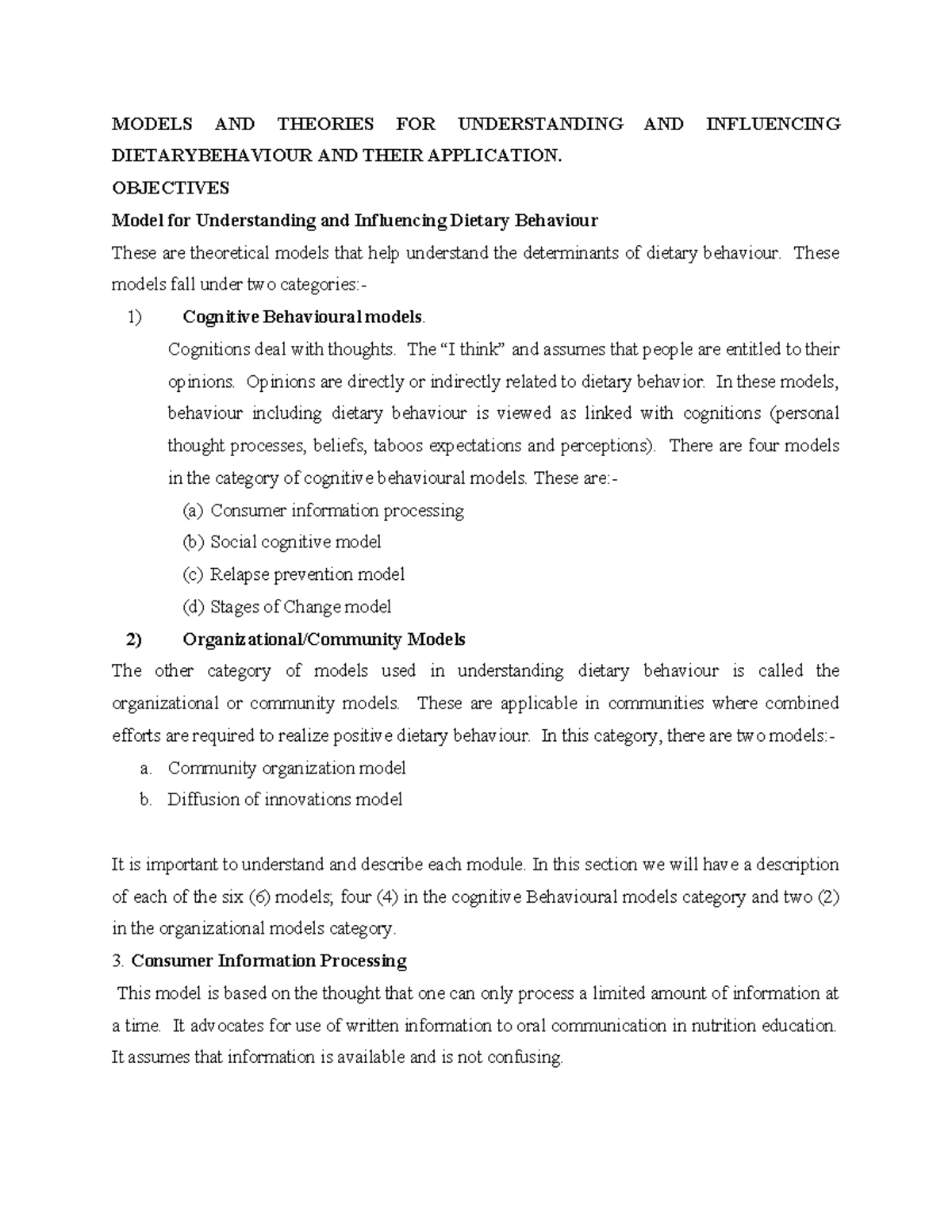 WEEK 2: Models & Theories in Nutrition Education & Counseling - Studocu